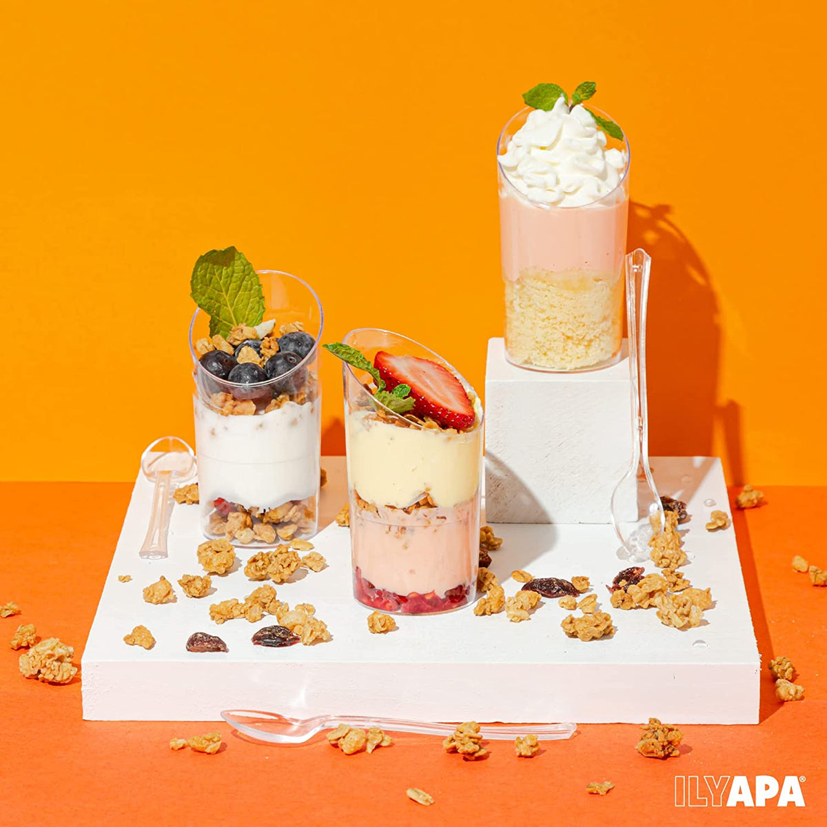 100 Mini Plastic Round Slanted Dessert Cup with Spoons - 3 oz Dessert ...