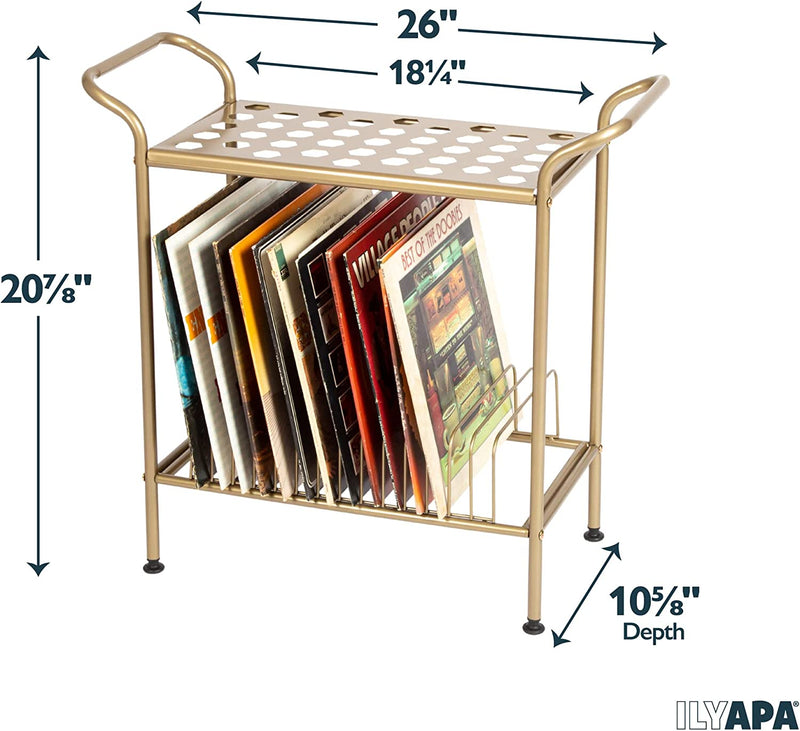 Ilyapa 2-Tier Gold Metal Record Player Stand with 14 Slot Vinyl Record ...