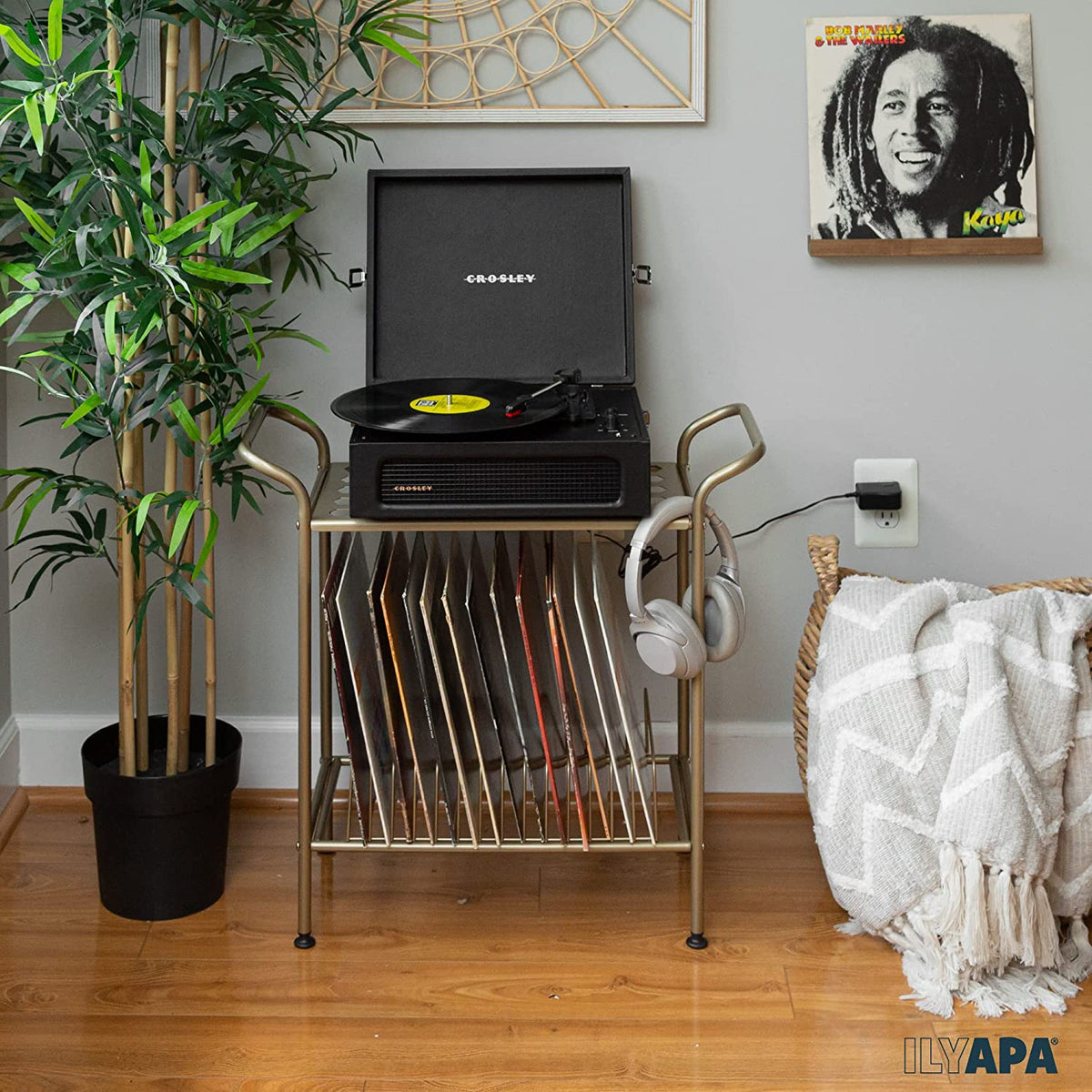 Ilyapa 2-Tier Gold Metal Record Player Stand with 14 Slot Vinyl Record ...