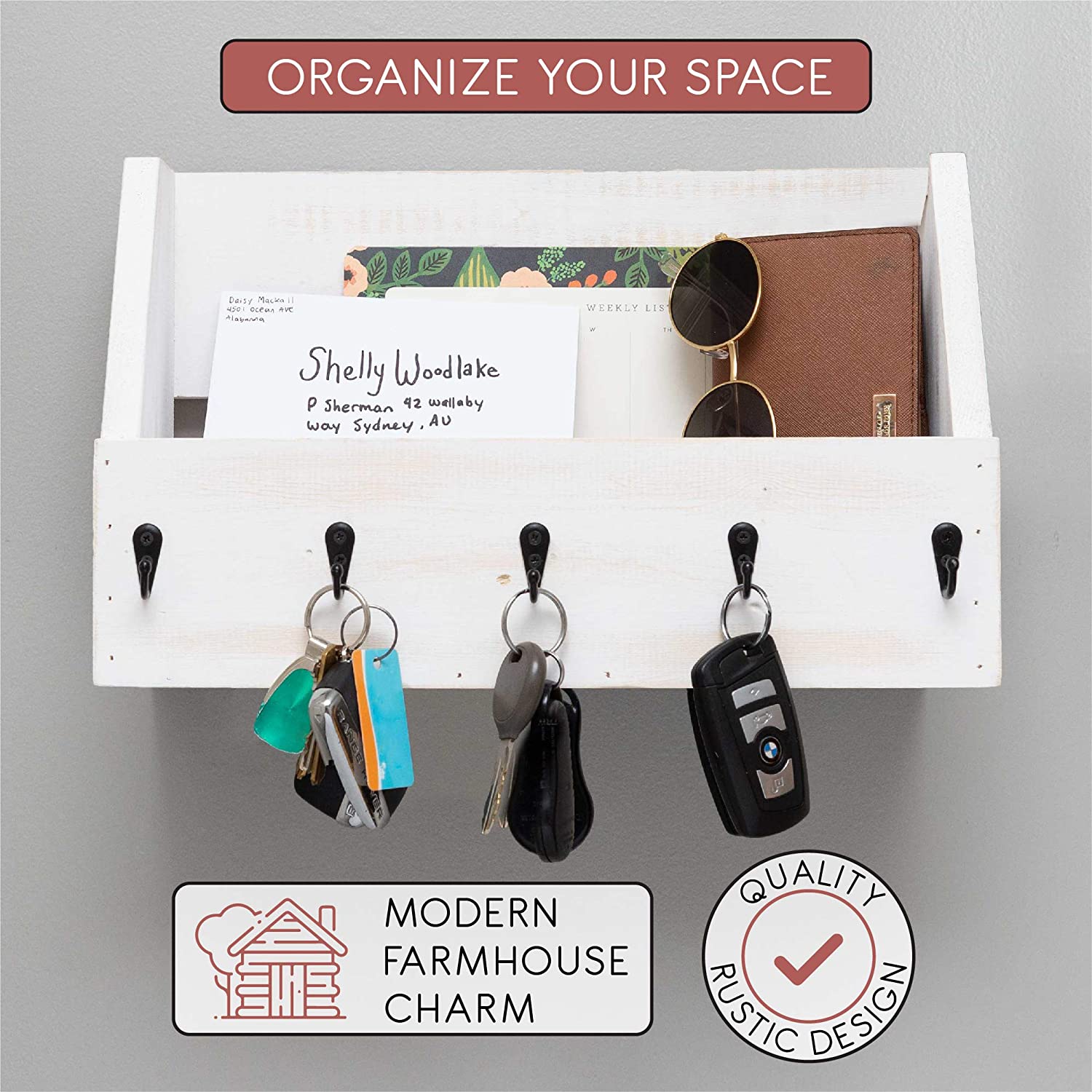 Ilyapa Rustic White Wooden Key and Mail Holder - Wall Mounted - ilyapa